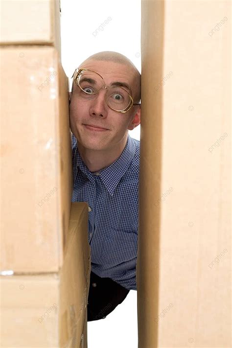 Male Face Clamping Between Cardboard Boxes Spectacles Between Cardboard