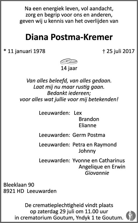 Diana Postma Kremer 25 07 2017 Overlijdensbericht En Condoleances