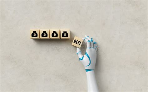 robot hand adding a cube with the message defi to four others with