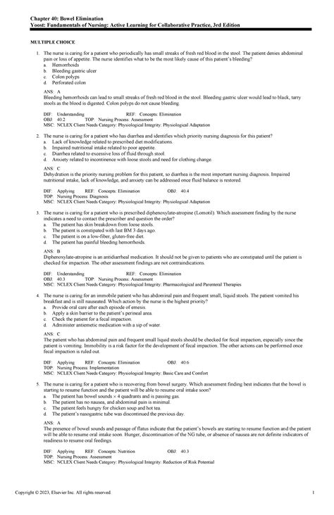 Exam View Chapter 40 Adaptive Quiz Chapter 40 Bowel Elimination