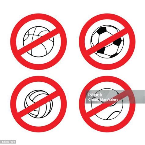 스포츠 게임을 중지 합니다 금지 된 축구입니다 빨간색 금지 기호 배구입니다 교차 테니스 공입니다 반 농구 공 스포츠 장비에 대한 스톡 벡터 아트 및 기타 이미지 Istock