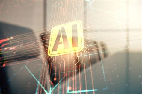 현대 회의실 배경 신경망 및 기계 학습 개념에서 창의적인 인공 지능 아이콘의 이중 노출 프리미엄 사진