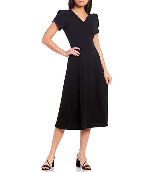 Calvin Klein Scuba Crepe Short Tulip Sleeve V Neck A Line Midi Dress