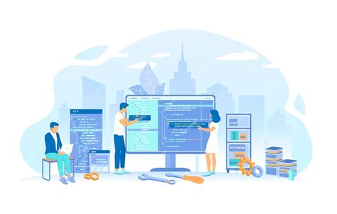 premium vector team of programmers write program code on a big