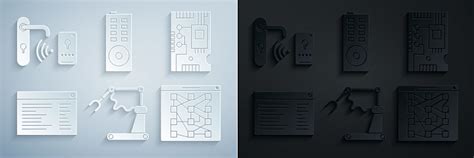 산업용 기계 로봇 암 손 공장 웹 개발자 프로그래밍 코드 글로벌 기술 소셜 네트워크 원격 제어 및 잠금 해제 아이콘을 위한 무선 디지털 도어 잠금 장치를 설정합니다 벡터 3