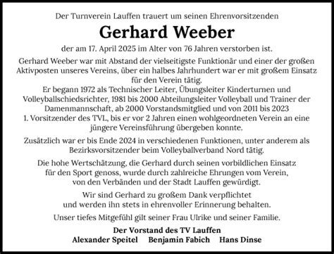 Traueranzeigen Von Gerhard Weeber Trauerundgedenken De