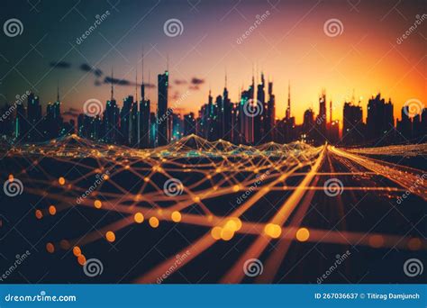 City Skyline With Network Data Conection On Bokeh Sunset Background Technology Internet And