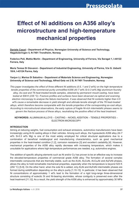 Pdf Effect Of Ni Additions On A356 Alloys Microstructure And High