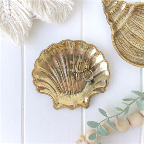 Brass Gold Clam Shell Trinket Dish Coastal Statice