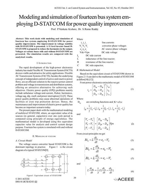 Modeling And Simulation Of Fourteen Bus System Employing D Statcom For Power Quality Improvement