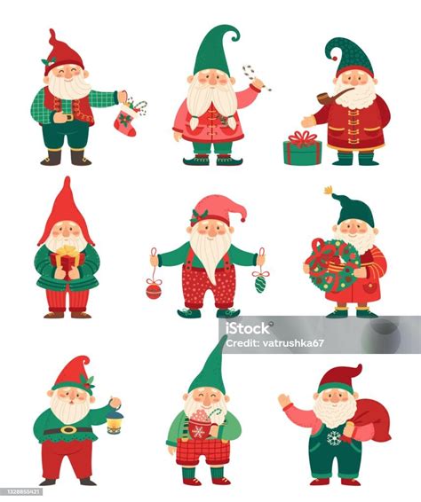 크리스마스 노메 겨울 휴가 요소 선물 양말 홀리 베리와 귀여운 엘프 난쟁이 플랫 만화 Xmas 노움 문자 벡터 세트 12월에