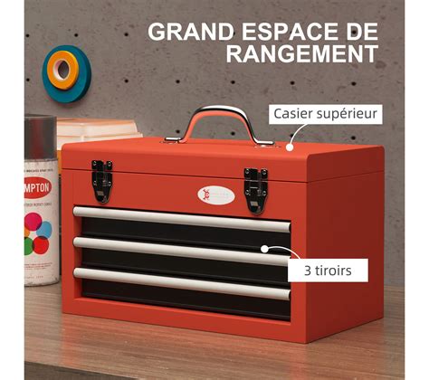 Boite à Outils Métallique 3 Tiroirs Plateau Tôle Acier Rouge Noir