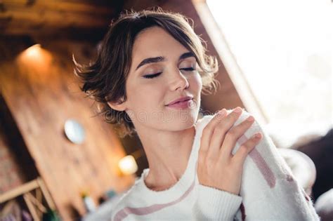 Photo Of Pretty Satisfied Girl Closed Eyes Arm Embrace Touch Shoulder