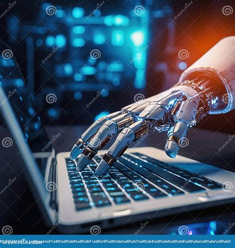 A Robot S Hand Presses The Keys Of A Laptop Keyboard Stock Image Image Of Business Hand