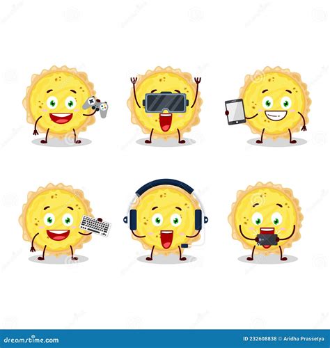 Cheese Tart Cartoon Character Are Playing Games With Various Cute Emoticons Stock Vector