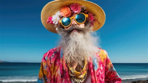 Premium Ai Image Comical Old Happy Beard Man Geared Up For A Seaside