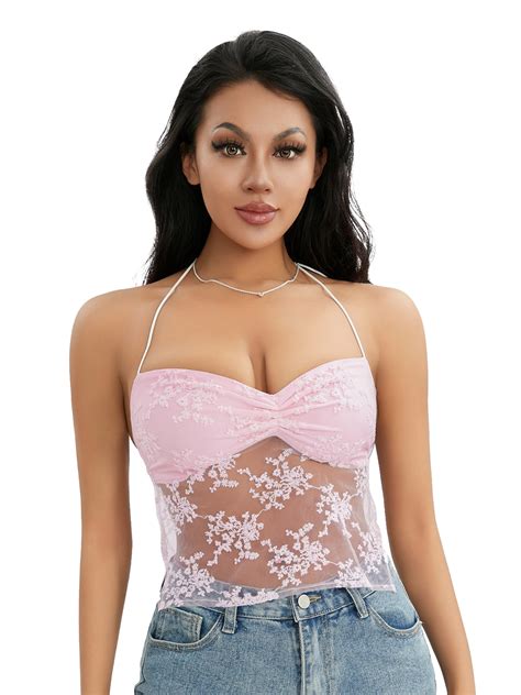Thefound Women Hanging Neck Embroidery Casual Party See Through Vest