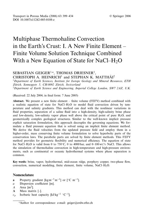 Pdf Multiphase Thermohaline Convection In The Earths Crust I A New Finite Element Finite