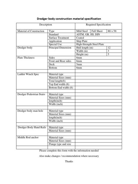 Dredger Body Construction Material Specification Pdf