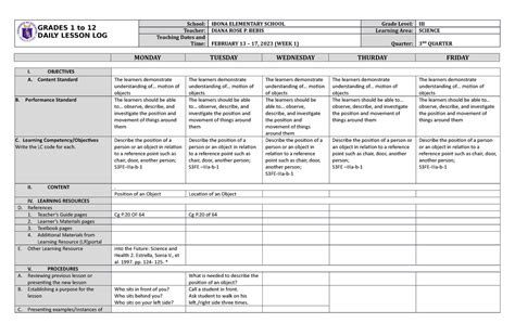 Dll Science 3 Q3 W1 Grades 1 To 12 Daily Lesson Log School Ibona