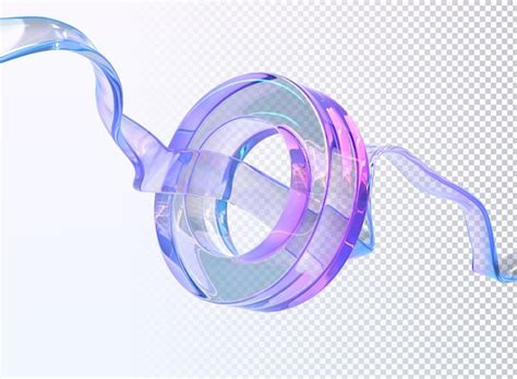 크리스탈 홀로그램 링 3d 렌더가 있는 플라잉 기하학적 모양 유리 투명 리본 웨이브 레인보우 플라스틱 또는 아크릴 선 및