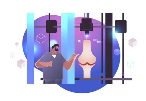 연구원은 인간 이식 장기 생물 공학 바이오 프린팅의 3d 바이오 프린터 의료 인쇄에 무릎 관절 모델을 인쇄합니다 프리미엄 벡터
