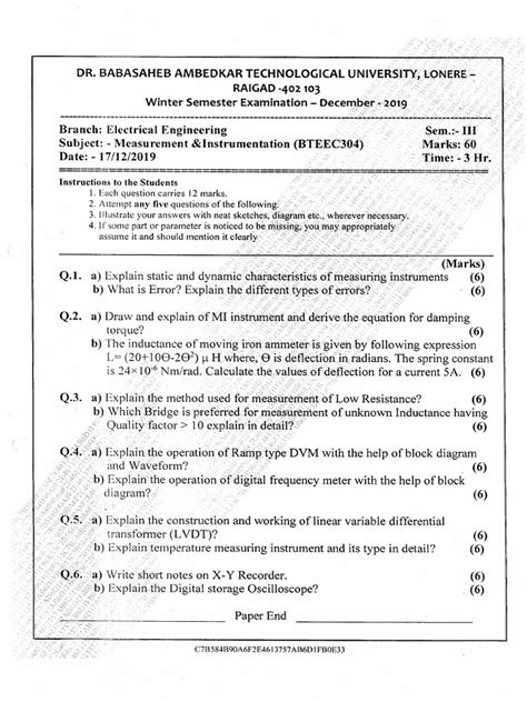 Btech Ee 3 Sem Measurement And Instrumentation Bteec304 Dec 2019 Pdf