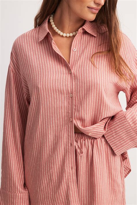 Striped Linen Blend Oversized Shirt Red Na Kd