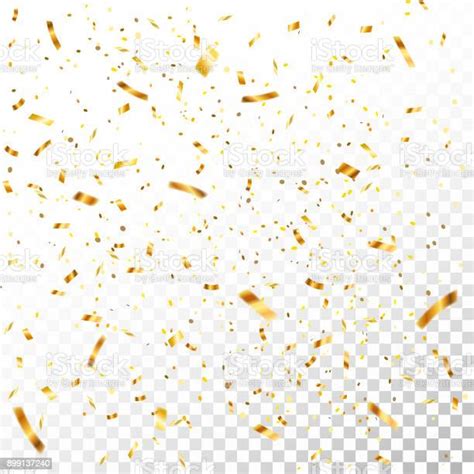 빛나는 황금 색종이 떨어지는 색종이의 벡터 축제 그림에 고립 된 투명 체크 무늬 배경 반짝이 디자인에 대 한 휴일 장식 틴 셀 요소 색종이 조각에 대한 스톡 벡터 아트 및