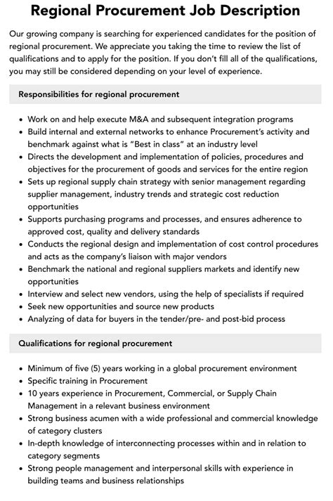 Regional Procurement Job Description Velvet Jobs