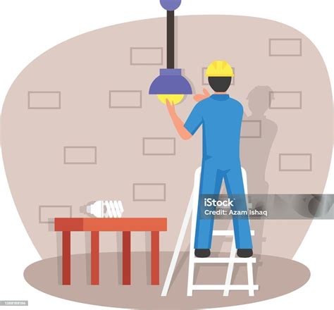 전구 개념을 변경하는 사다리에 전기 높은 벡터 아이콘 디자인에 램프 설비를 설치 전기 직업 기호 전원 공급 장치 및 배선 기호 핸디맨과 수리공 도구 재고 개폐 장치에 대한