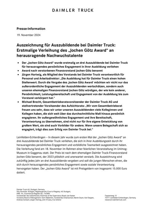 Auszeichnung Für Auszubildende Bei Daimler Truck Erstmalige Verleihung Des „jochen Götz Award