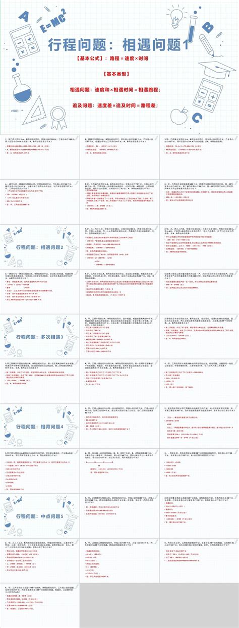 行程问题：相遇问题1【基本公式】：路程＝速度×时间 【基本类型】 相遇问题：速度和×相遇时间＝相遇路程； 追及问题：速度差×追及时间＝路程差