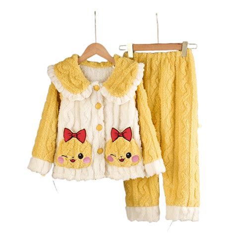 儿童睡衣女童珊瑚绒秋冬季加厚款法兰绒女孩小黄鸭保暖家居服套装虎窝淘