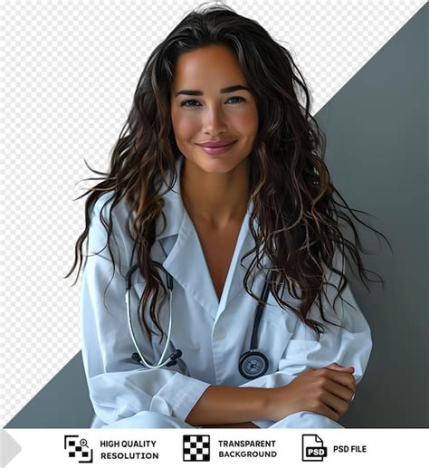 Premium Psd Psd Dark Haired Female Doctor In A White Robe Sitting At