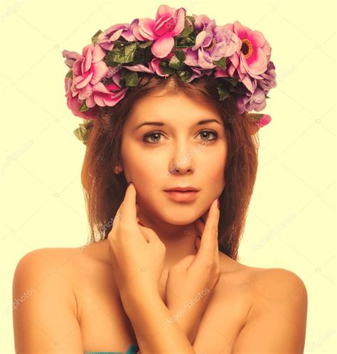 Model Beautiful Woman Face Close Up Head Beauty Wreath Of Flowe Stock