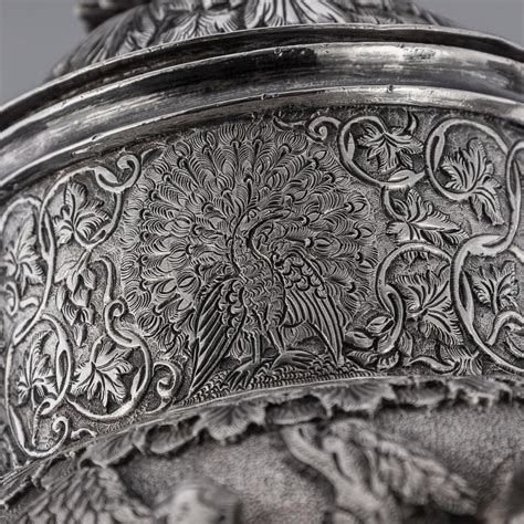 19th Century Burmese Myanmar Solid Silver Tea Set Peacock C1890 At