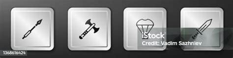 중세 창 전쟁 도끼 낙하산과 칼 아이콘에 비행 상자를 설정합니다 실버 스퀘어 버튼 벡터 누름 버튼에 대한 스톡 벡터 아트 및 기타 이미지 Istock