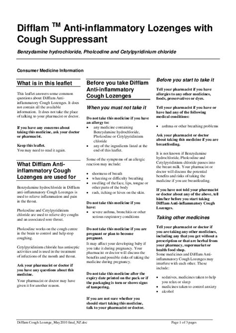 Pdf Difflam Cough Lozenge May2010 Final Nz Doc What Difflam Anti