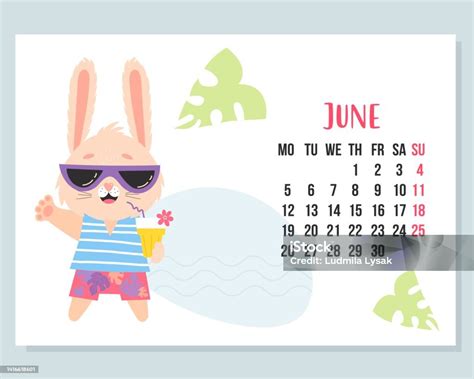 유월 2023 달력 귀여운 바다 토끼 해변 소년 선글라스와 칵테일 벡터 일러스트레이션 수평 템플릿 월요일부터 주 영어로 A4