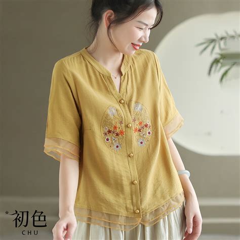 初色 復古風刺繡網紗單排釦圓領v領短袖襯衫上衣女上衣 共4色 36600m 2xl可選 短袖 Yahoo奇摩購物中心