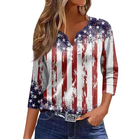 Mohiass 4th Of July 3 4 Sleeve Shirts Women Patriotic Stars Striped