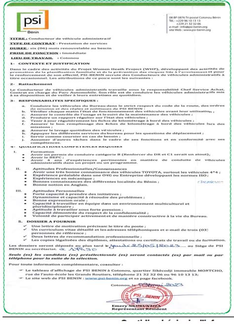 RECRUTEMENT BENIN PSI BENIN Pour Son Propre Compte Lance De Toute