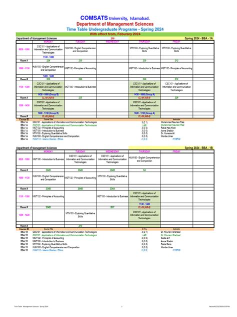 Time Table Bs And Ms Management Sciences Spring 2024 Pdf Science Business