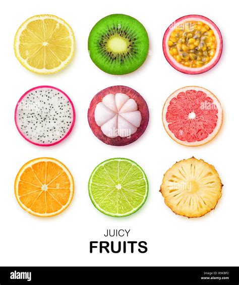 Isolated Fruits Slices Pieces Of Lemon Kiwi Passion Fruit Dragon