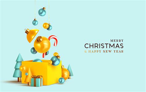 메리 크리스마스와 새해 복 많은 새해 Xmas는 사실적인 추상 3d 객체를 디자인합니다 선물 상자 리본 원뿔 소나무 가문비 나무