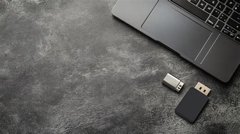 Usb Flash Drive Connected To Laptop On Grey Textured Background Premium Ai Generated Image