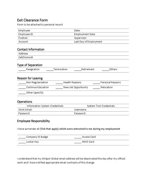 Exit Clearance Form Pdf Employment Credential
