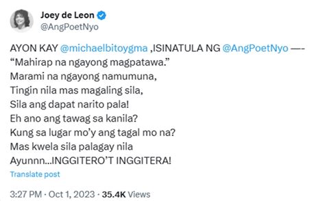 Joey De Leon Uses Bitoys Statement To Answer His Bashers Philnews