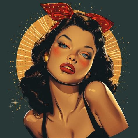 Retro Pinup Girl Illustration With Red Polka Dot Headband And Glamorous